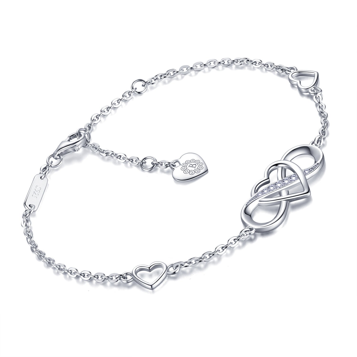 Billie Bijoux Women 925 Sterling Silver Infinity Bracelet Forever Love” Infinity Heart White Gold Plated Diamond Adjustable Bracelet Best Gifts