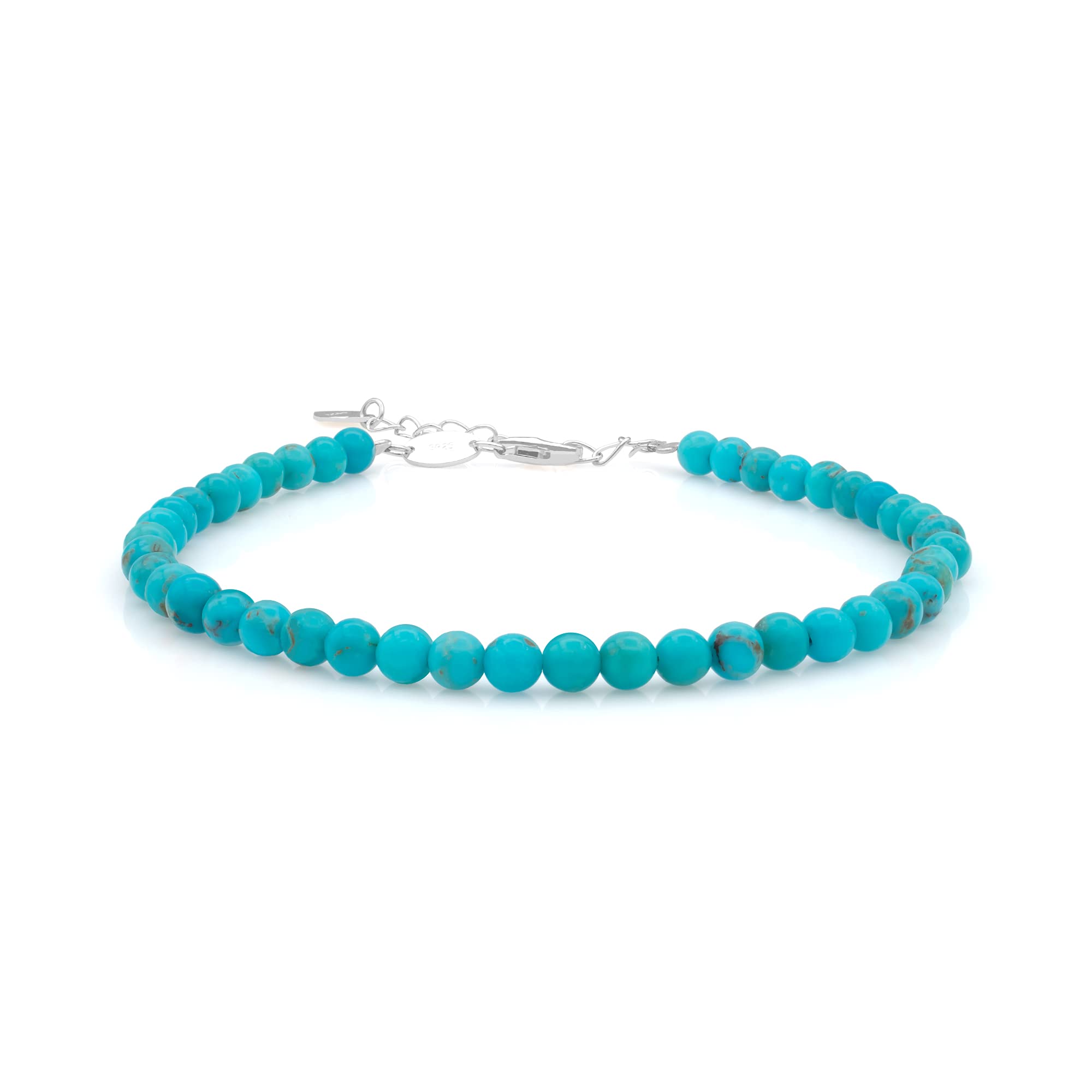 BLUEJOY “Elegance & Love” Natural Sleeping Beauty Turquoise Gemstone Dainty Round Bead Bracelet in Sterling Silver for Women