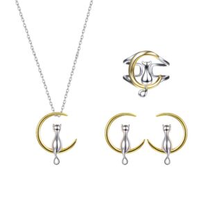 silvercute cat jewelry set 925 sterling silver gold plated cat on the moon stud earrings necklace stacking ring for women