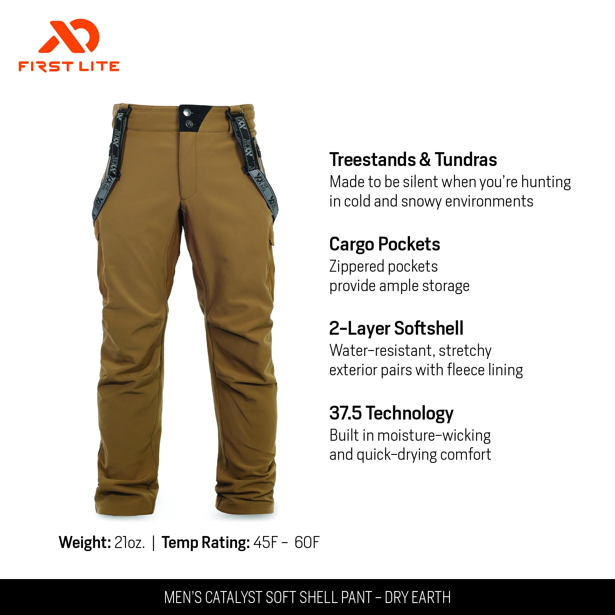 First Lite Men’s Catalyst Soft Shell Pant - Fleece Hunting Pants - Dry Earth - Large