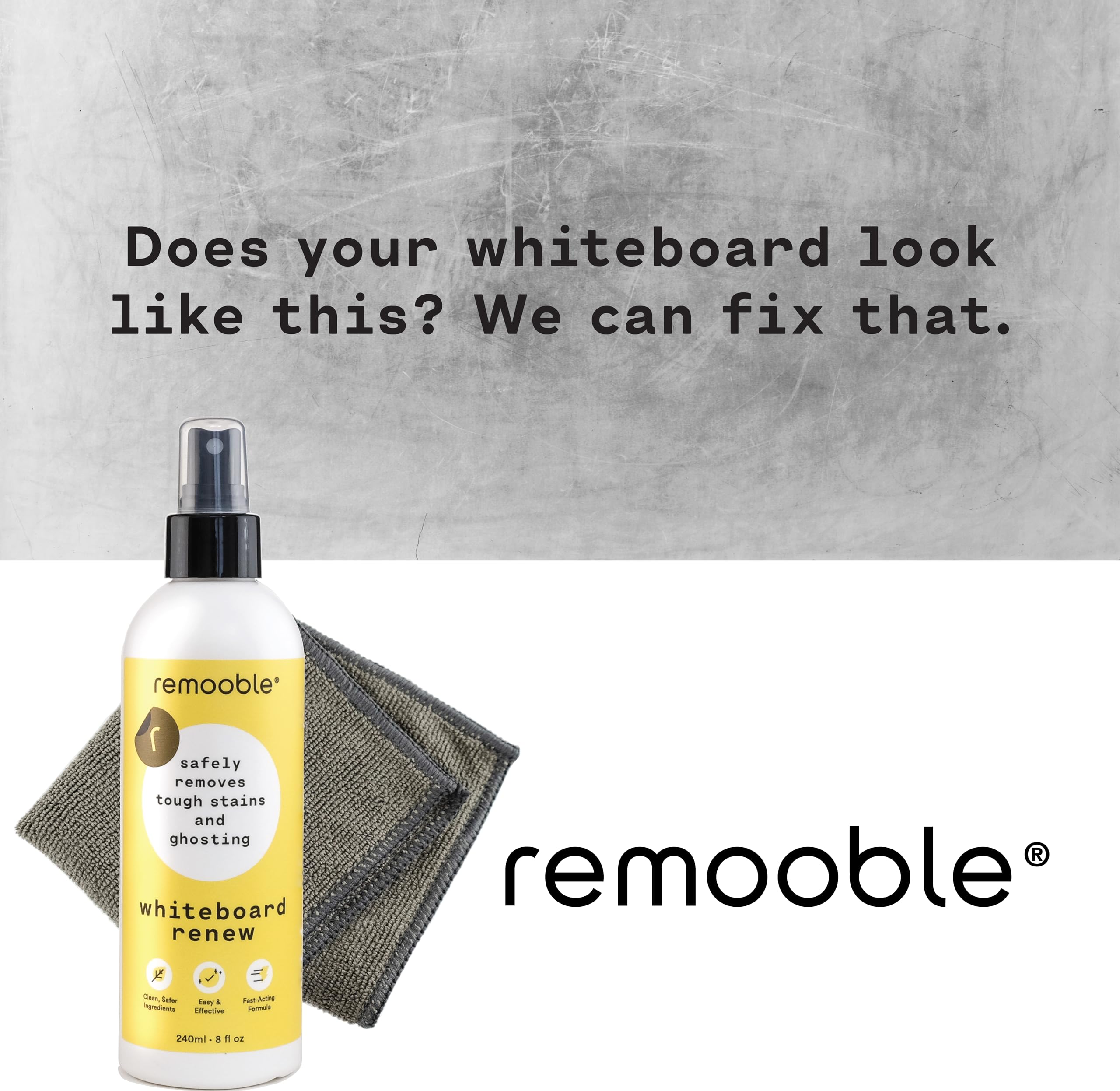 Remooble Dry Erase Whiteboard Cleaner Spray - Safely Removes Tough Stains and Ghosting (2 Pack)