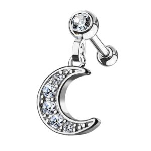 pierced owl 16ga stainless steel cz crystal paved crescent moon dangling cartilage tragus barbell stud (silver tone)