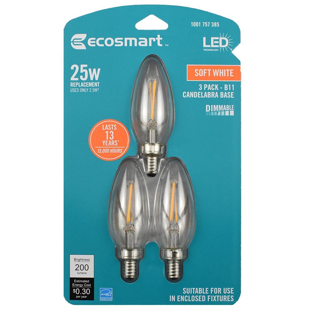 EcoSmart 25-Watt Equivalent B11 E12 Base Dimmable Clear Filament Vintage Style LED Light Bulb, Soft White (3-Pack)