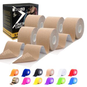 kinesiology tape 5 rolls physio relieve muscle soreness and strain shoulders wrists knees ankles elastic waterproof good air permeability hypoallergenic 5 rolls 2 inch x 16 foot beige by soongo