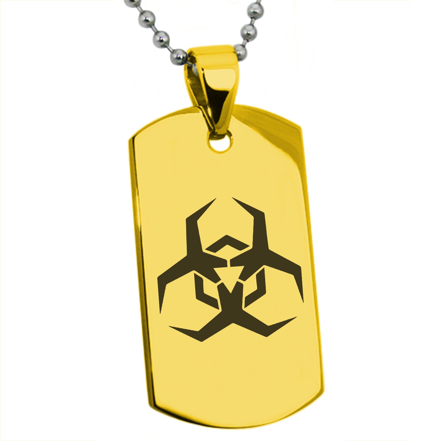 Tioneer Gold Plated Stainless Steel Biohazard Malware Symbol Dog Tag Pendant Necklace