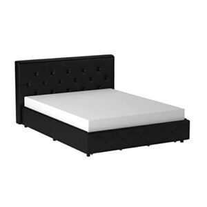 dhp dakota upholstered platform bed with underbed storage drawers and diamond button tufted headboard and footboard, no box spring needed, queen, black faux leather