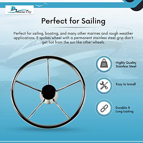 Marine City 304 Stainless Steel Corrosion Resistant 25 Degree 15-1/2 Inches 5 Spokes Polished Steering Wheel for Boat, Yacht (Dia :15-1/2 Inches)