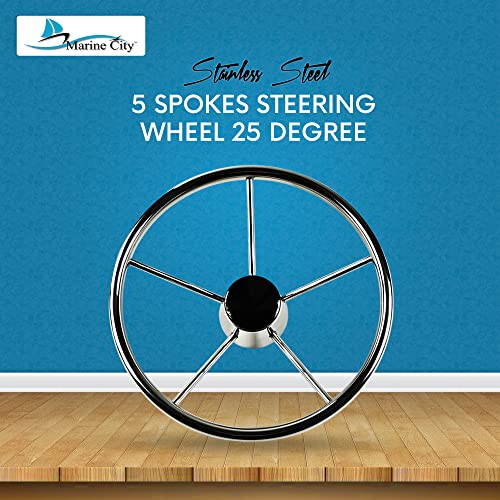 Marine City 304 Stainless Steel Corrosion Resistant 25 Degree 15-1/2 Inches 5 Spokes Polished Steering Wheel for Boat, Yacht (Dia :15-1/2 Inches)