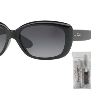 Ray-Ban RB4101 JACKIE OHH Rectangular Sunglasses For Women, Shiny Black/Grey Gradient Dark Grey Polarized, 58 mm+ BUNDLE with Designer iWear Eyewear Kit