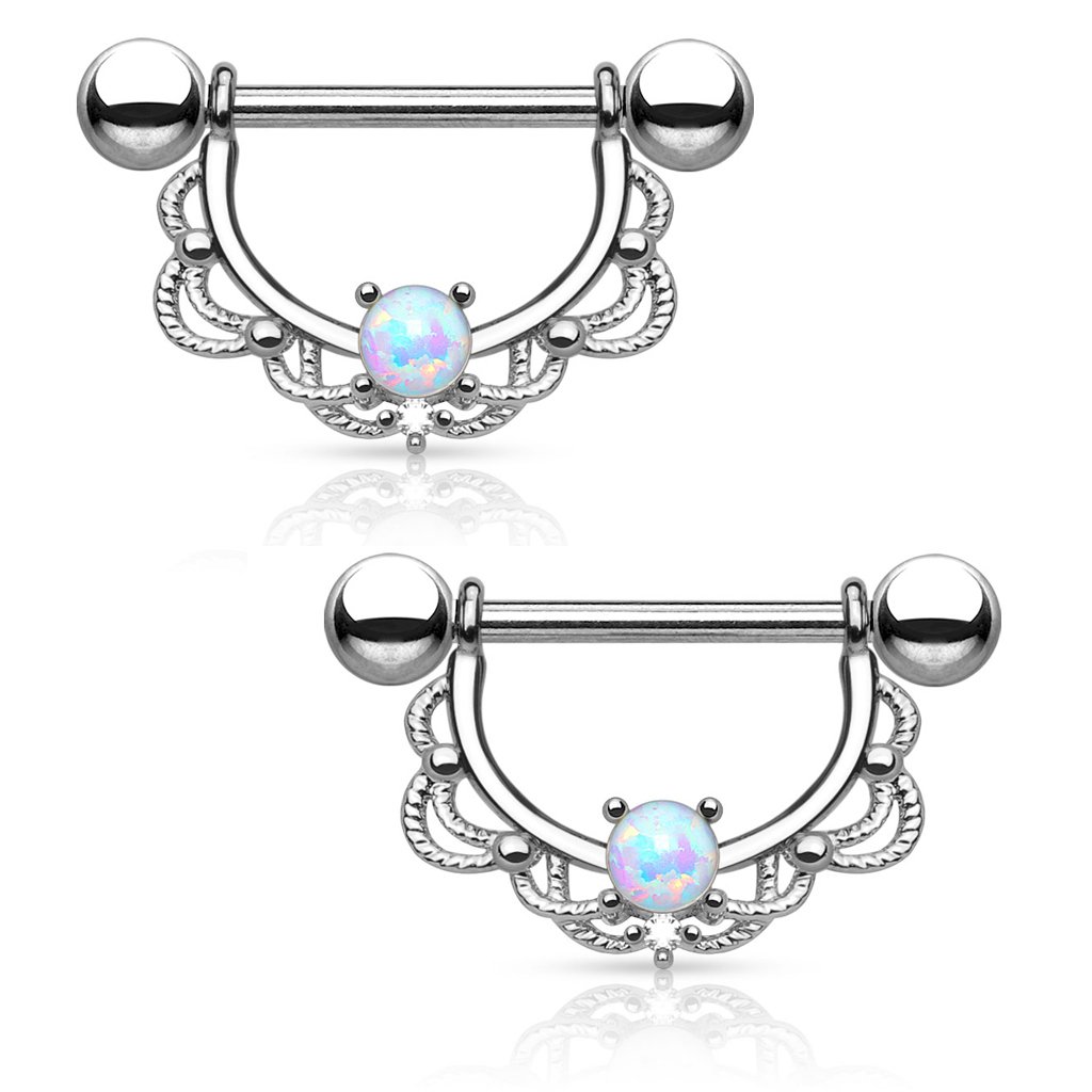 FIFTH CUE Opal Centered Filigree Drop 316L Surgical Steel Nipple Barbell Ring (16G | Steel)