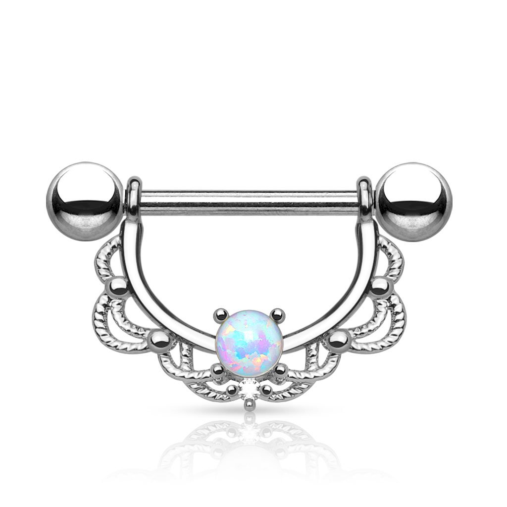 FIFTH CUE Opal Centered Filigree Drop 316L Surgical Steel Nipple Barbell Ring (16G | Steel)