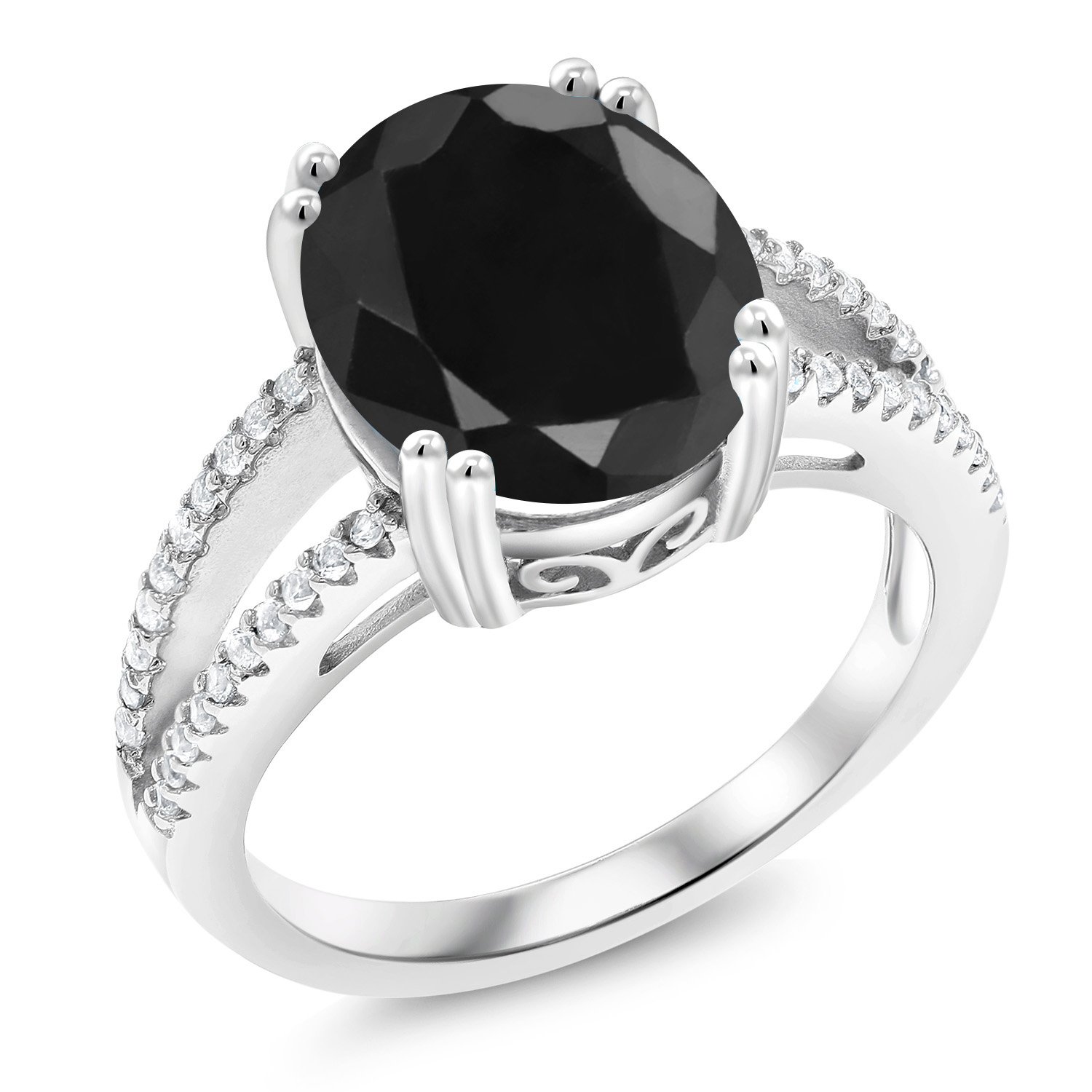 Gem Stone King 4.88 Cttw Black Sapphire Ring For Women In 925 Sterling Silver | Oval 12X10MM | Gemstone September Birthstone | Available In Size 5, 6, 7, 8, 9