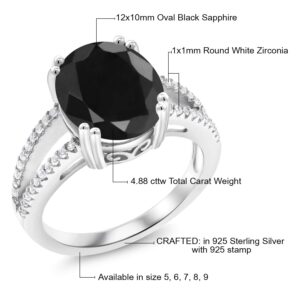 Gem Stone King 4.88 Cttw Black Sapphire Ring For Women In 925 Sterling Silver | Oval 12X10MM | Gemstone September Birthstone | Available In Size 5, 6, 7, 8, 9