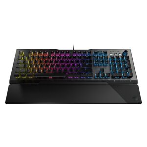 roccat vulcan 120 aimo mechanical pc gaming keyboard tactile titan switch, full size with per key aimo rgb lighting, anodized aluminum top plate and detachable palm/wrist rest, gunmetal gray/black