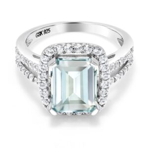 gem stone king 925 sterling silver sky blue simulated aquamarine engagement ring for women (3.68 cttw, emerald cut 10x8mm, available in size 5,6,7,8,9)