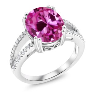 gem stone king 925 sterling silver pink created sapphire ring for women (6.48 cttw, oval 12x10mm, gemstone september birthstone, available in size 5, 6, 7, 8, 9)