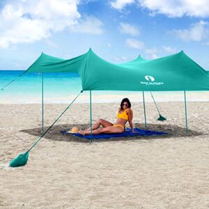 red suricata family beach tent & beach canopy, upf50 sun beach shade, sunshade with 4 aluminum poles, 4 pole anchors & sand shovel, large & portable sun shelter tarp (large, turquoise)