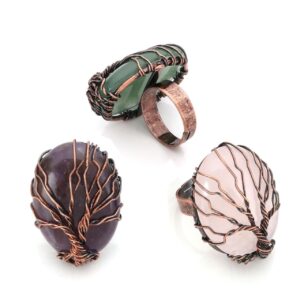 top plaza handmade retro vintage copper wire wrapped life tree oval gemstone healing crystal adjustable ring bronze band size 6 7 8(amethyst+rose quartz+green aventurine)