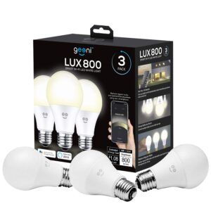 geeni a19 (3 pack) white led smart light bulbs, dimmable, works with alexa and google home, requires 2.4ghz wifi