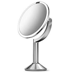 simplehuman ST3024 20cm Sensor Mirror Trio with Touch-Control Brightness, Light Up Makeup Magnifying Mirror, 10x, 5x, 1x Magnification, LED, Dual Light Setting, Rechargeable, Brushed Stainless Steel