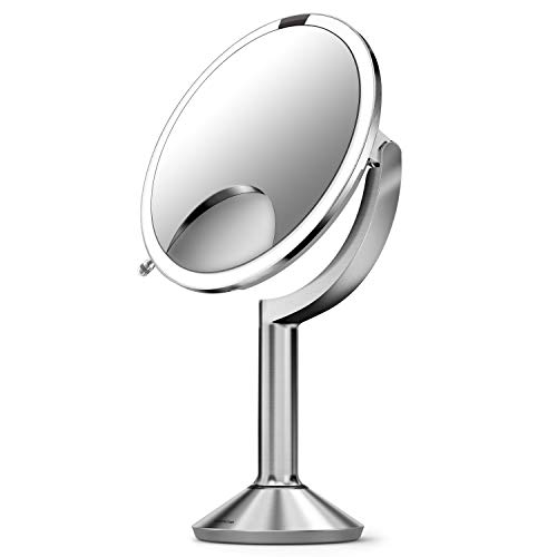 simplehuman ST3024 20cm Sensor Mirror Trio with Touch-Control Brightness, Light Up Makeup Magnifying Mirror, 10x, 5x, 1x Magnification, LED, Dual Light Setting, Rechargeable, Brushed Stainless Steel