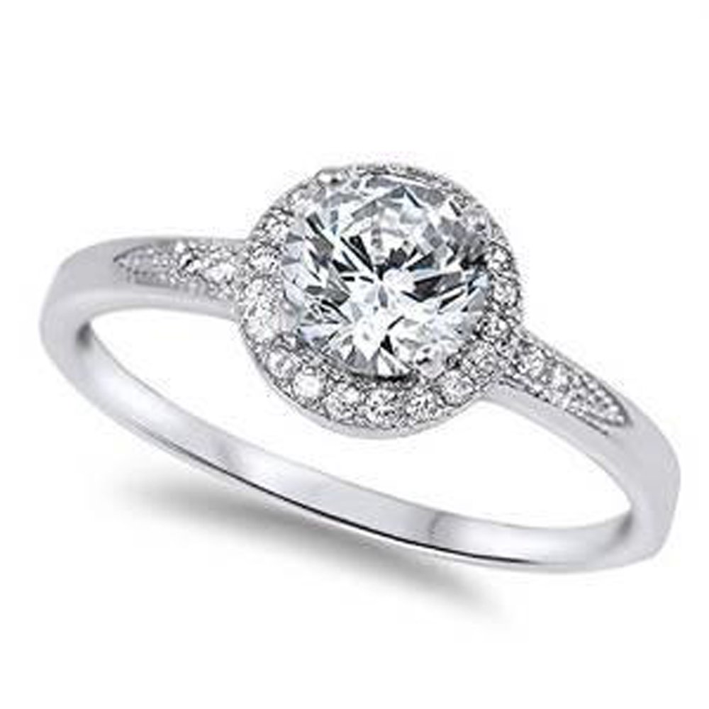 OMEGA DIAMOND CO 104781 Halo Solitaire Cubic Zirconia & Simulated Gemstone Promise Engagement Ring .925 Sterling Silver Ring (12)