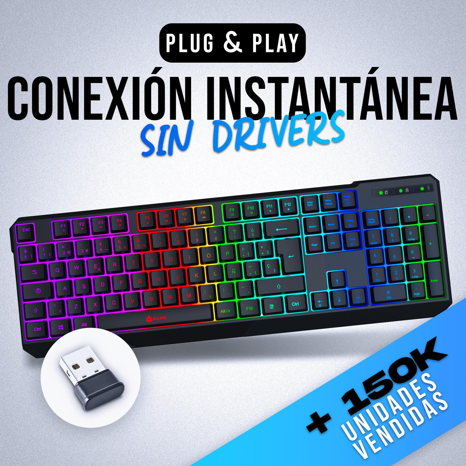 KLIM Chroma Wireless - Teclado inalámbrico Gaming ESPAÑOL + Teclado Gaming ligero, duradero, resiste al agua, ergonómico, silencioso + Teclado Gamer PC PS4 Xbox One Mac + Nueva VERSIÓN 2024 + Negro