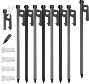 eurmax usa 10 inch multiuse heavy duty steel tent stakes tarp pegs camping stakes for outdoor camping canopy and tarp with 4 ropes 10ft length,8pcs(black)