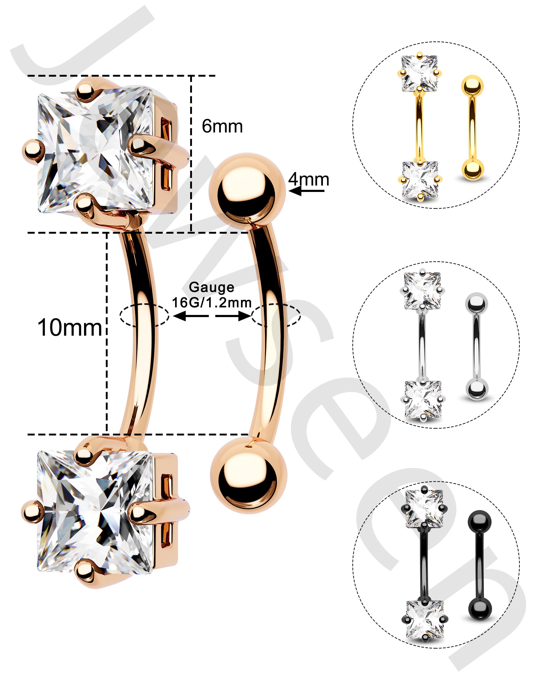 Jewseen 2pcs 16g Small Size Belly Button Rings Pack Surgical Steel Square AAA CZ Curved Barbell Navel Rings New