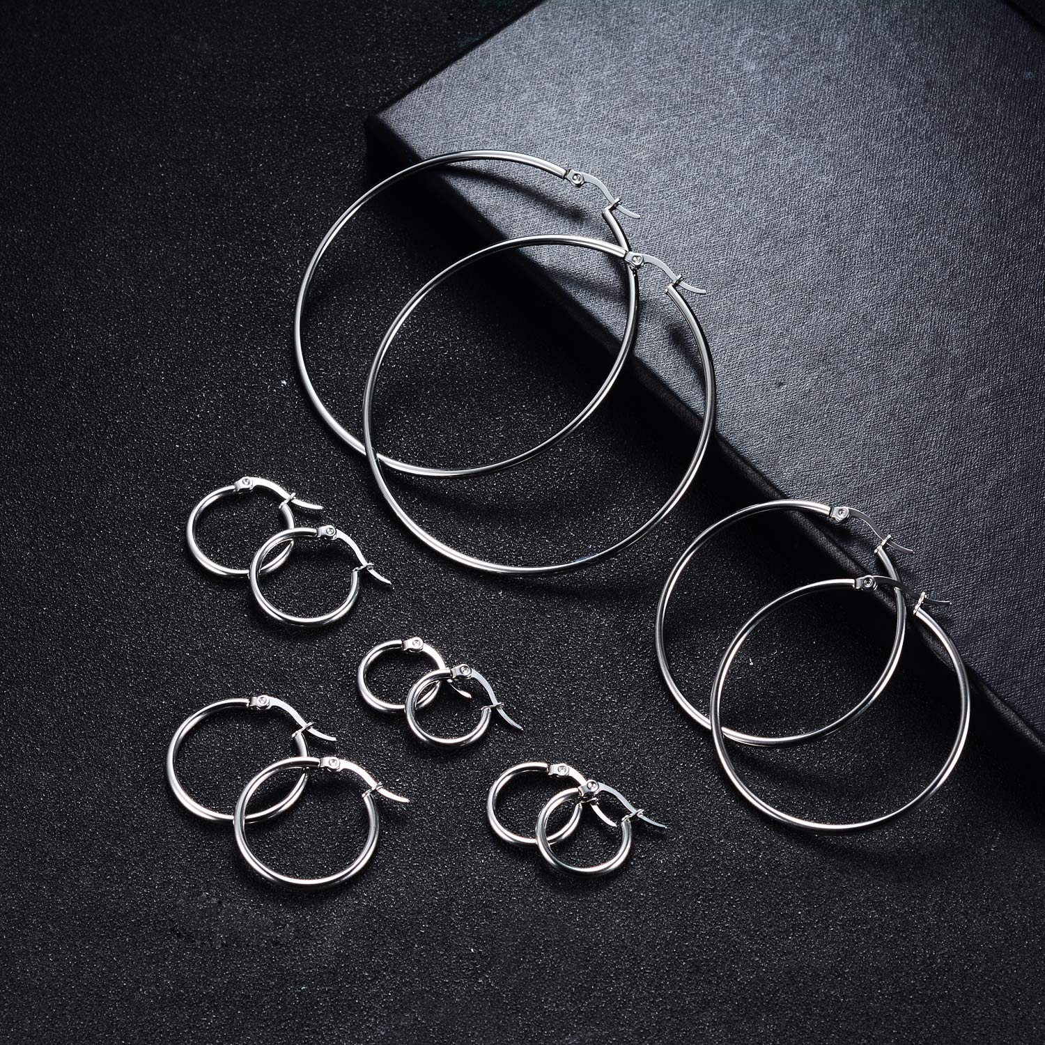 Yanxyad 6 Pairs Stainless Surgical Steel Hoop Earrings Set 316L Small Big Rounded Clasp Hoop Earrings Hypoallergenic Cartilage Tiny Click-Top Lightweight Cute Jewelry for Women Men（10 12 15 20 40 60mm）