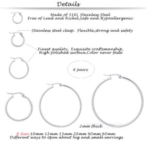 Yanxyad 6 Pairs Stainless Surgical Steel Hoop Earrings Set 316L Small Big Rounded Clasp Hoop Earrings Hypoallergenic Cartilage Tiny Click-Top Lightweight Cute Jewelry for Women Men（10 12 15 20 40 60mm）