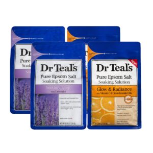 dr teal's salt bath variety gift set (4 pack, 3lbs ea.) - glow & radiance vitamin c & citrus, soothe & sleep lavender - pure epsom salt & essential oils nourish skin & promote better sleep