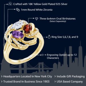 Gem Stone King 18K Yellow Gold Plated Silver Promise Customized and Personalized 3 Gemstone Birthstone For Her Engagement Flower Blossom Name Engraved Ring For Women (Size 5)