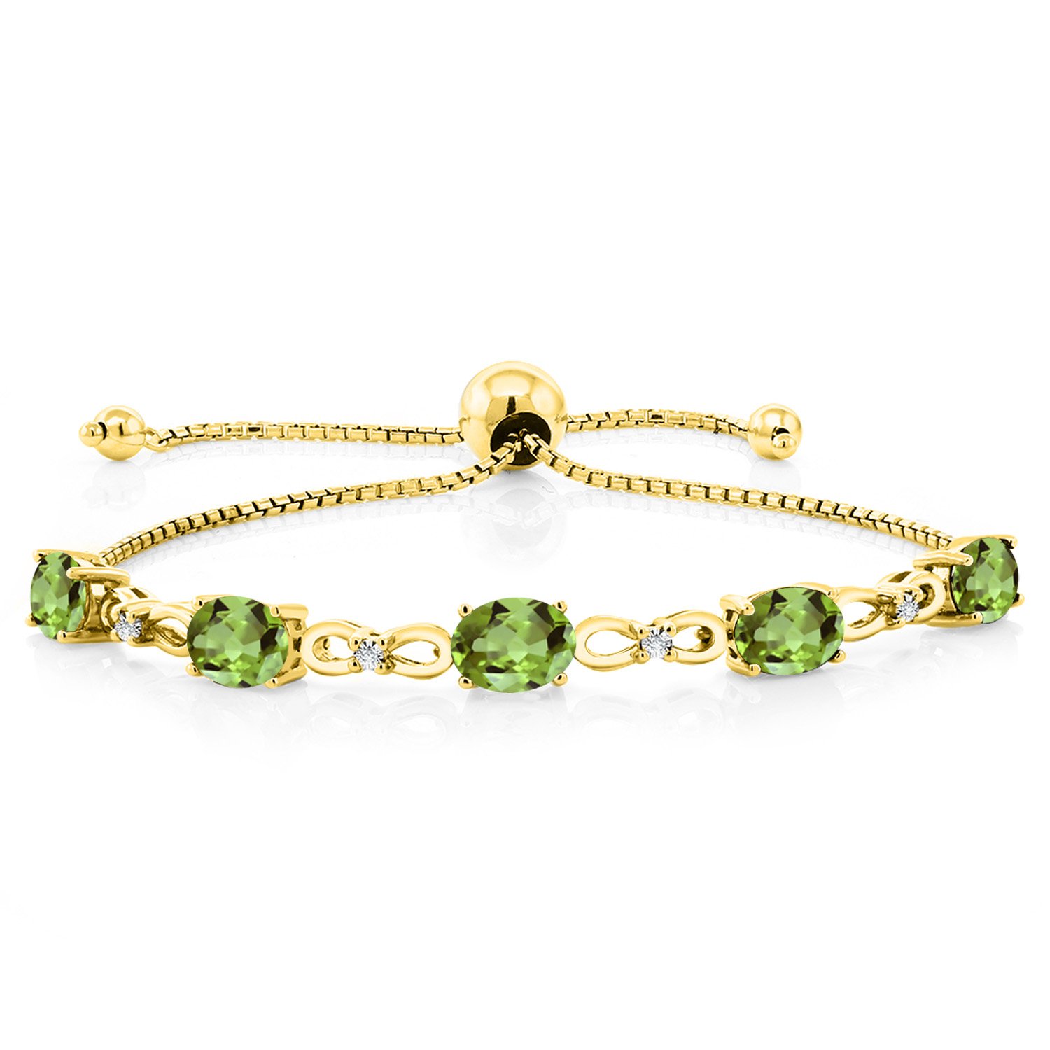 Gem Stone King 18K Yellow Gold Plated Silver Green Peridot and White Lab Grown Diamond Tennis Bracelet For Women (4.52 Cttw, Gemstone August Birthstone, Oval 7x5MM, Fully Adjustable Up to 9 Inch)