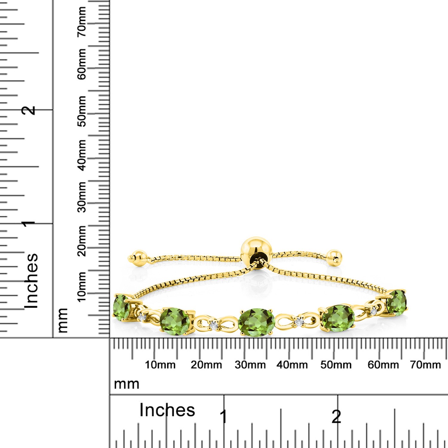 Gem Stone King 18K Yellow Gold Plated Silver Green Peridot and White Lab Grown Diamond Tennis Bracelet For Women (4.52 Cttw, Gemstone August Birthstone, Oval 7x5MM, Fully Adjustable Up to 9 Inch)