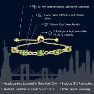 Gem Stone King 18K Yellow Gold Plated Silver Green Peridot and White Lab Grown Diamond Tennis Bracelet For Women (4.52 Cttw, Gemstone August Birthstone, Oval 7x5MM, Fully Adjustable Up to 9 Inch)