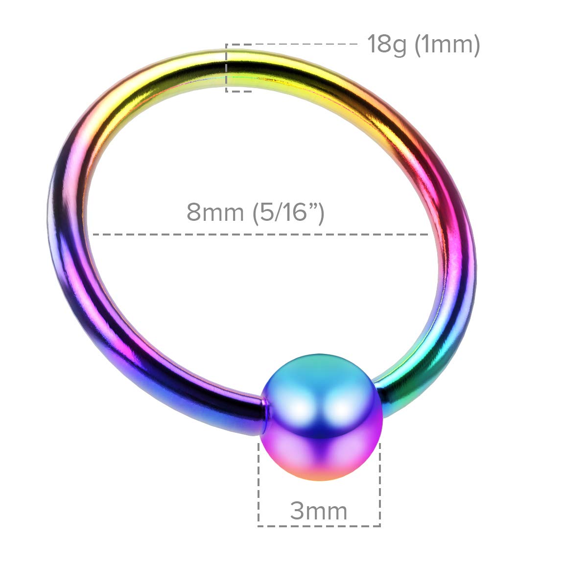 2pc 18 Gauge Captive Bead Ring Rainbow Anodized Stainless Steel Hypoallergenic Septum Earrings 8mm