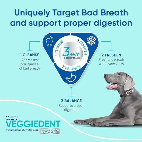 Virbac CET Veggiedent FR3SH Tartar Control Chews for Large Dogs Over 66 Pounds, Plant-Based Formula, 30 Count Bag