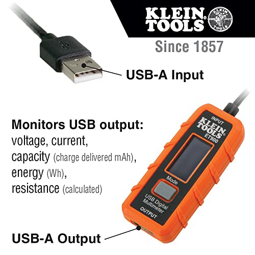 Klein Tools ET900 USB Power Meter, USB-A Digital Meter for Voltage, Current, Capacity, Energy Resistance