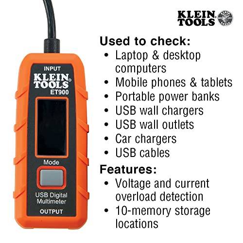 Klein Tools ET900 USB Power Meter, USB-A Digital Meter for Voltage, Current, Capacity, Energy Resistance