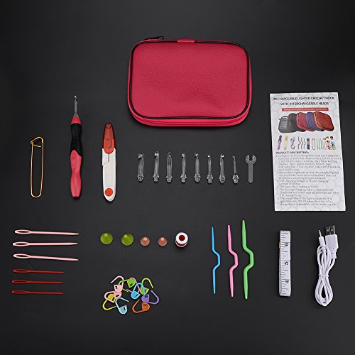 Walfront LED Crochet Hooks Set,40Pcs USB Chargeable LED Crochet Hooks Set, 9 Interchangeable Heads Light Up Knitting Needles Tools Kits Set Accessory