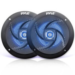 pyle low-profile waterproof marine speakers - 100w 4 inch 2 way 1 pair slim style waterproof weather resistant outdoor audio stereo sound system w/ blue illuminating led lights - pyle (black)