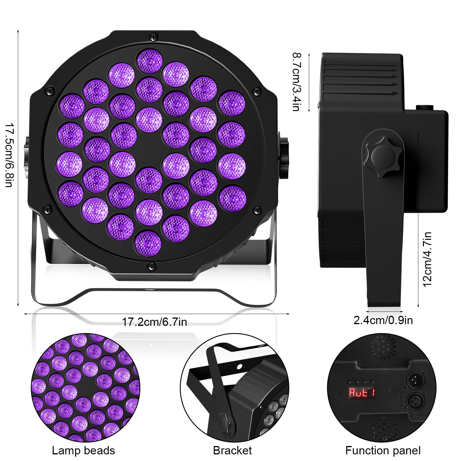 36LED Black Lights, U`King 72W UV Stage Lights Blacklight with Glow in The Dark Party Supplies by DMX and Remote Control for Halloween Stage Lighting (1 Pack)