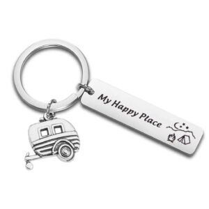 qiier camp keychain my happy place camping keychain camp jewelry rv camper gift for campers, traveler (silver)