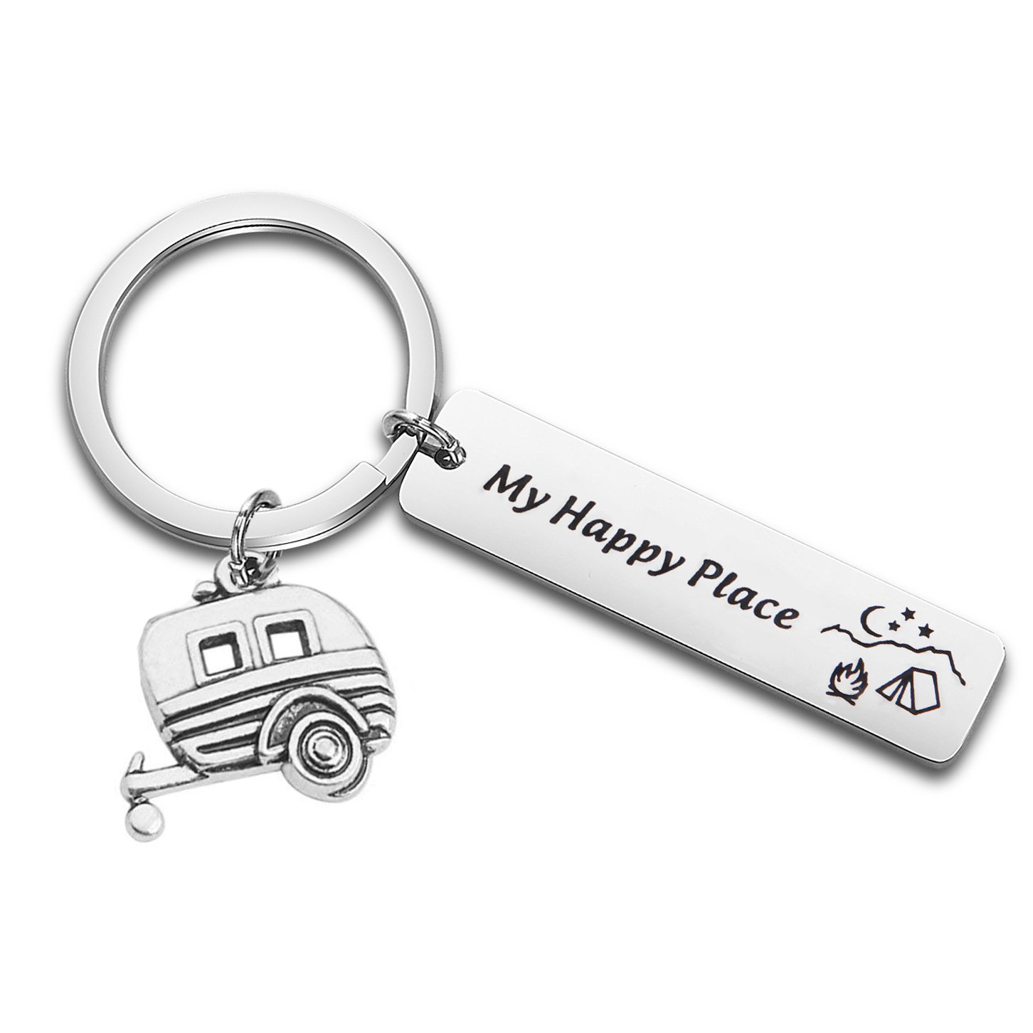 QIIER Camp Keychain My Happy Place Camping Keychain Camp Jewelry RV Camper Gift for Campers, Traveler (Silver)