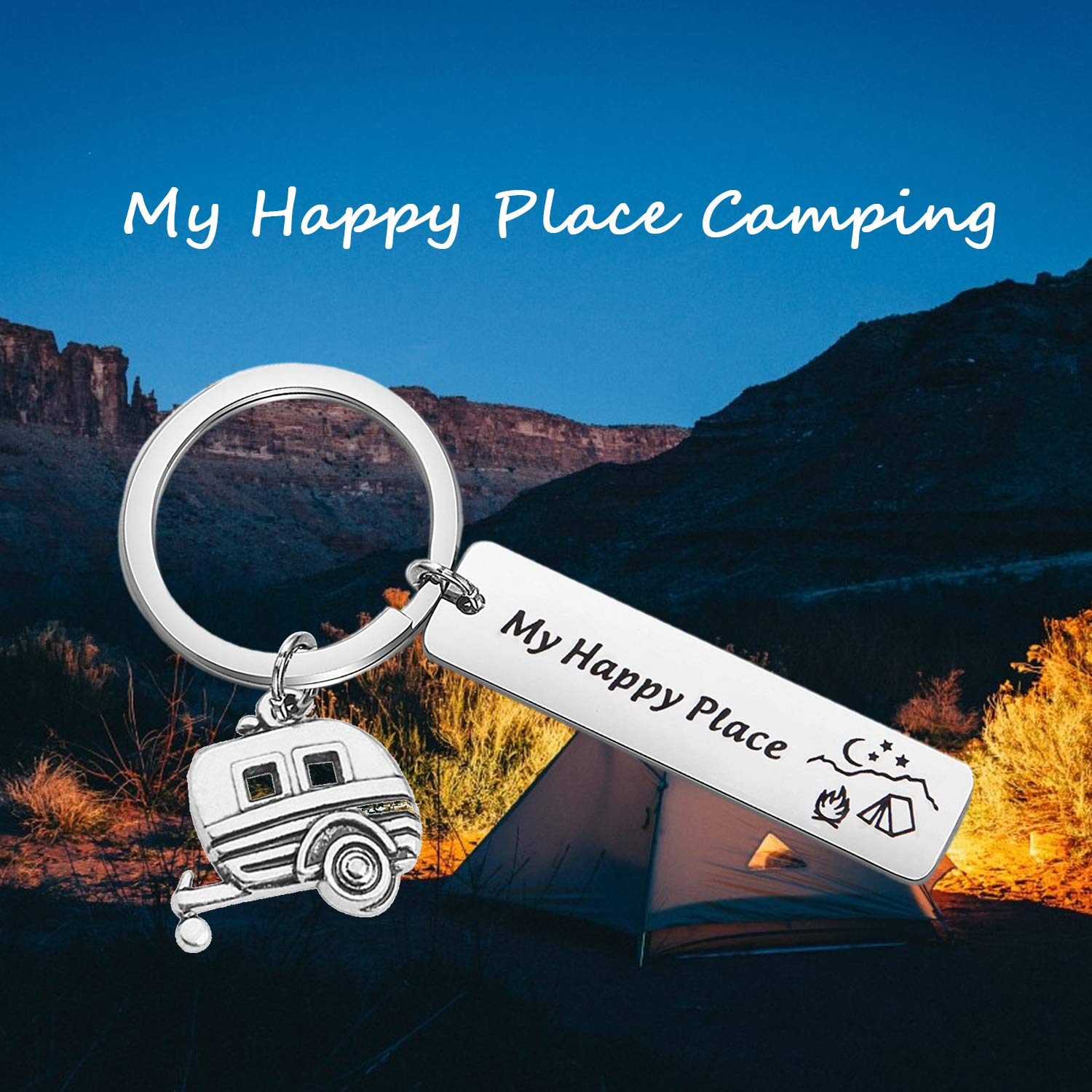 QIIER Camp Keychain My Happy Place Camping Keychain Camp Jewelry RV Camper Gift for Campers, Traveler (Silver)