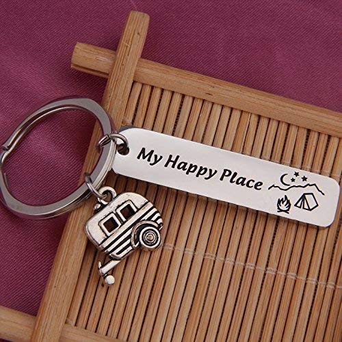 QIIER Camp Keychain My Happy Place Camping Keychain Camp Jewelry RV Camper Gift for Campers, Traveler (Silver)