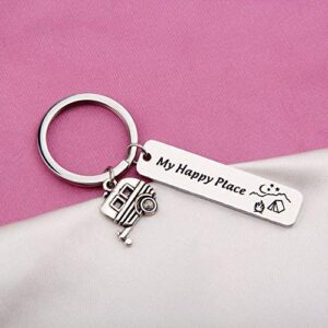 QIIER Camp Keychain My Happy Place Camping Keychain Camp Jewelry RV Camper Gift for Campers, Traveler (Silver)