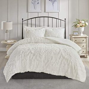 madison park tufted chenille cotton comforter, all season bedding set, matching shams, viola, damask off white full/queen(90"x90") 3 piece