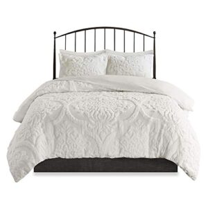 Madison Park Tufted Chenille Cotton Comforter, All Season Bedding Set, Matching Shams, Viola, Damask Off White Full/Queen(90"x90") 3 Piece